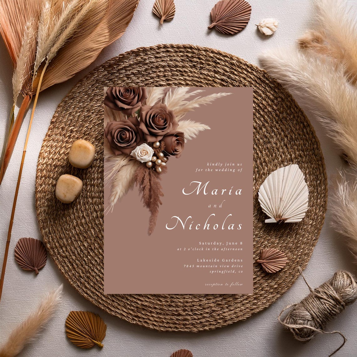 Chocolate Brown Floral Wedding Invitation, Canva Editable Template ...