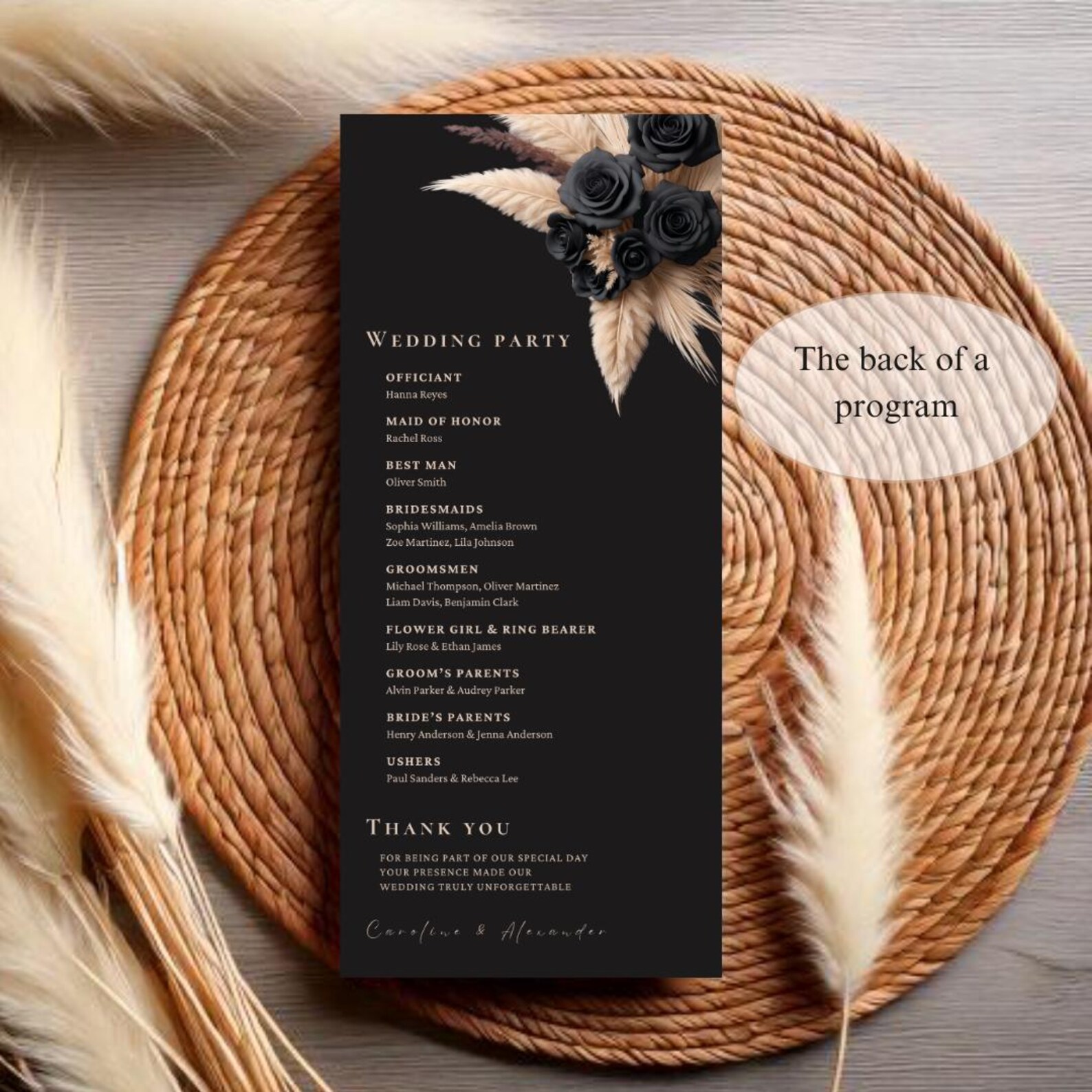 Black Floral Wedding Programs Template, Ceremony Program, Elegant Rose ...