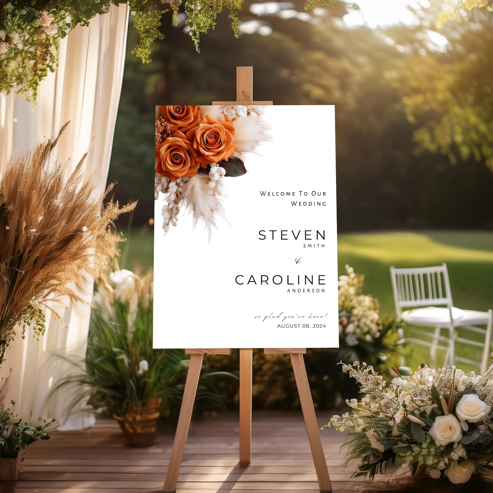 Burnt Orange Floral Wedding Welcome Sign Poster, Editable Sign Template ...