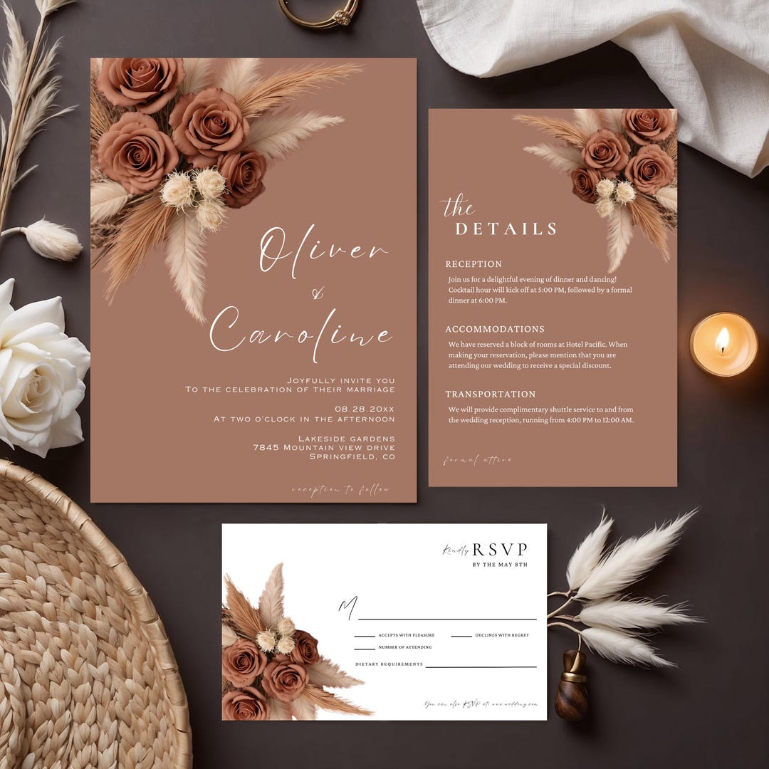 Mocha Mousse Color Pantone Wedding Invitation, Canva Editable Template ...