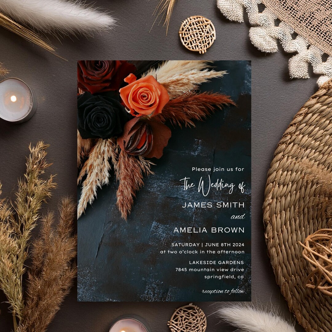 Black Rust Orange Roses Floral Wedding Invitation, Canva Editable ...