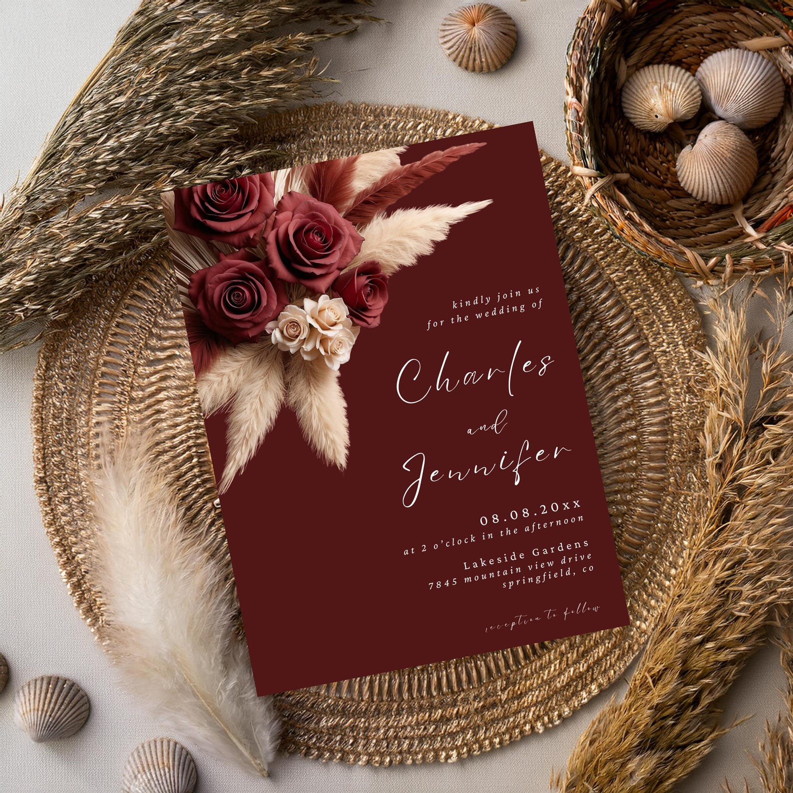Rusty Red Floral Wedding Invitation, Canva Editable Template, Instant ...