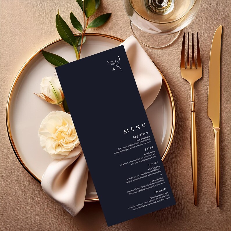 Navy Blue Wedding Menu Template: Modern Minimalist Leaf Design (canva ...