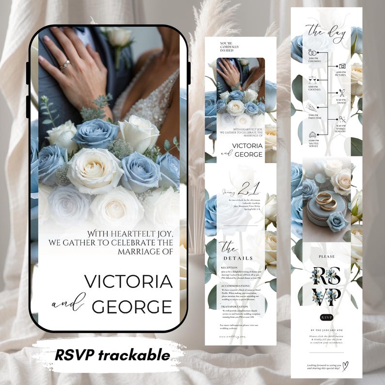 Dusty Blue Gentle White Floral Wedding Website Digital Invitation ...