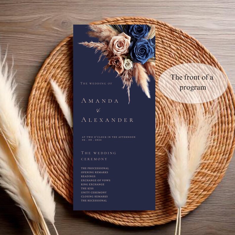 Navy Blue Rose Gold Wedding Programs Template, Ceremony Program ...