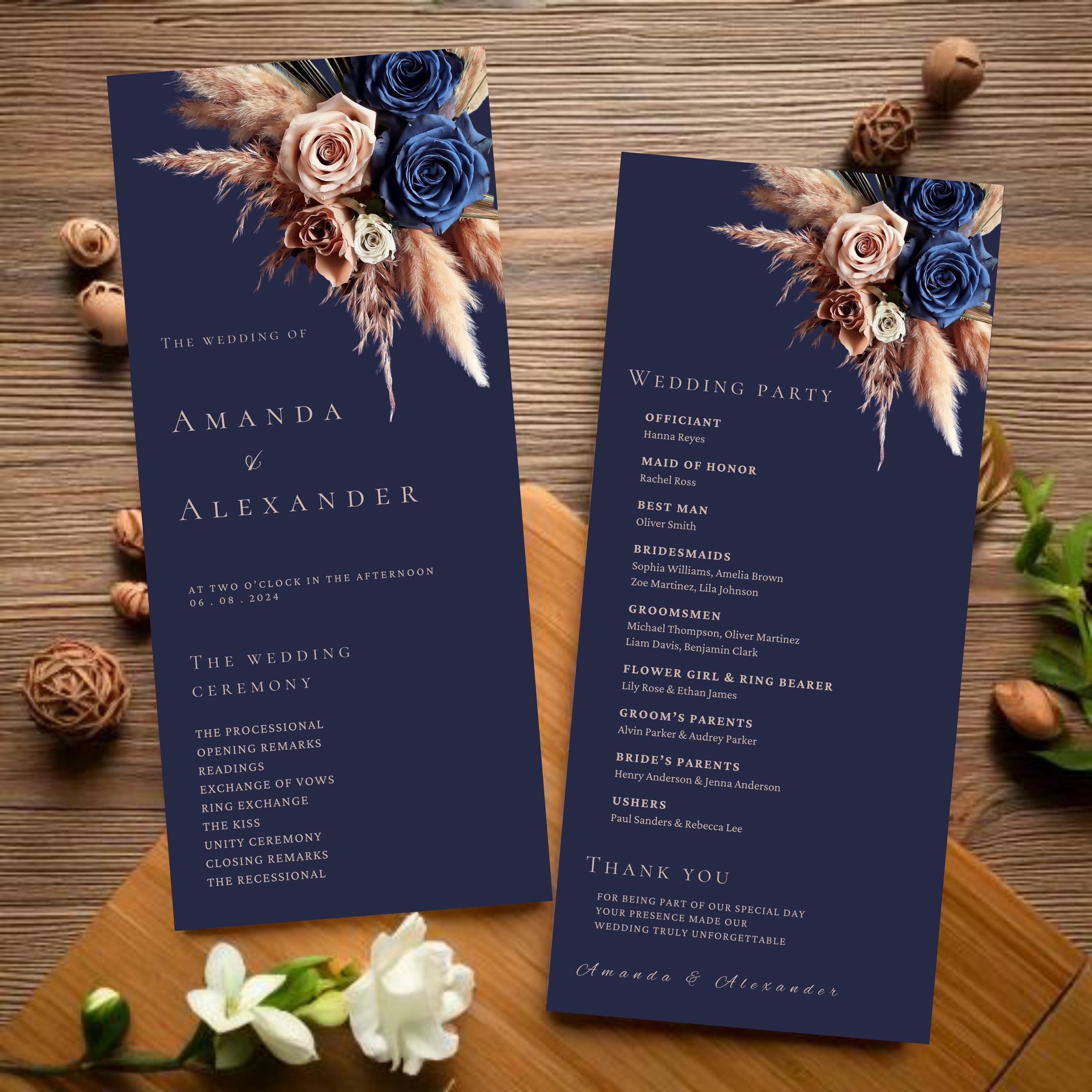 Navy Blue Rose Gold Wedding Programs Template, Ceremony Program ...