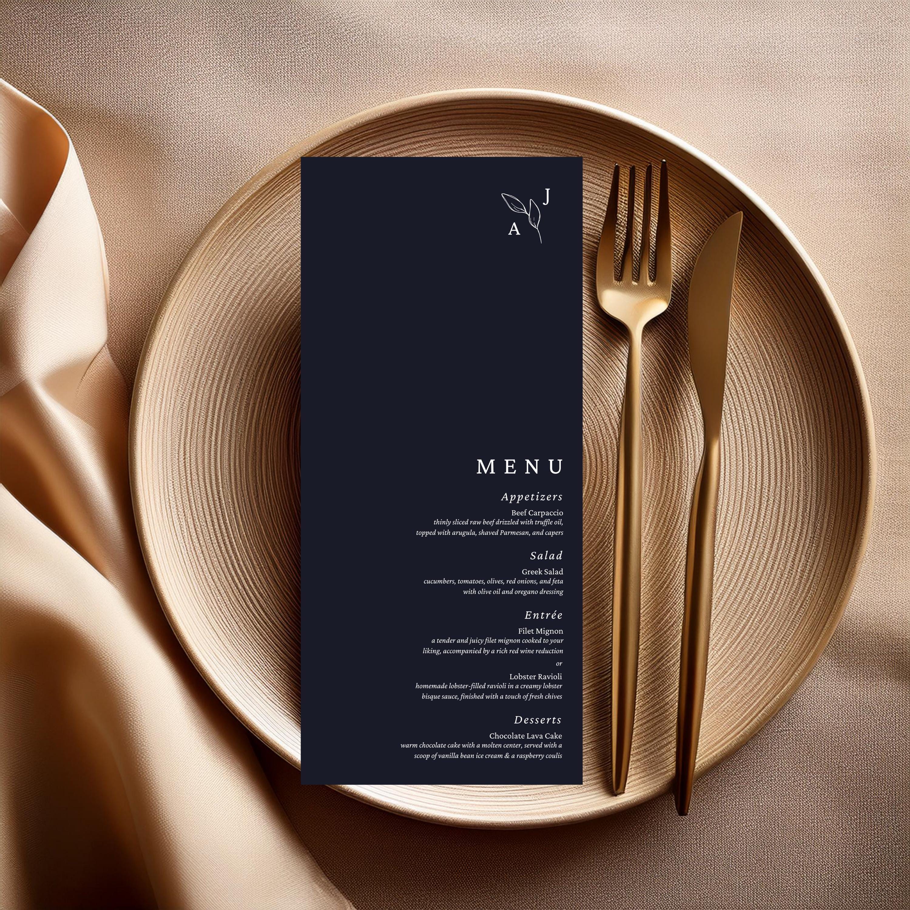Navy Blue Wedding Menu Template: Modern Minimalist Leaf Design (canva ...