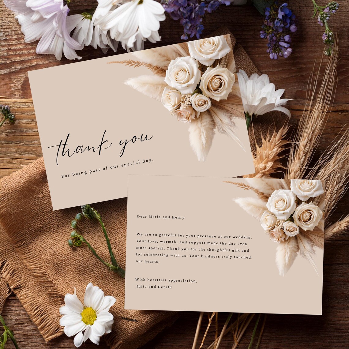 White Cream Beige Floral Thank You Card Wedding Template, Printable ...