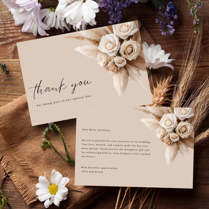 White Cream Beige Floral Thank You Card Wedding Template, Printable ...