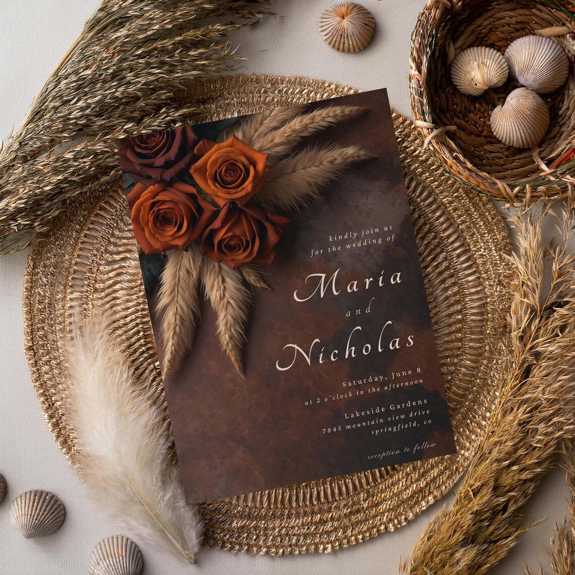 Rust Brown Orange Floral Wedding Invitation, Canva Editable Template ...