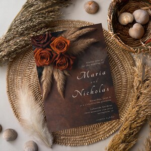 Rust Brown Orange Floral Wedding Invitation, Canva Editable Template ...