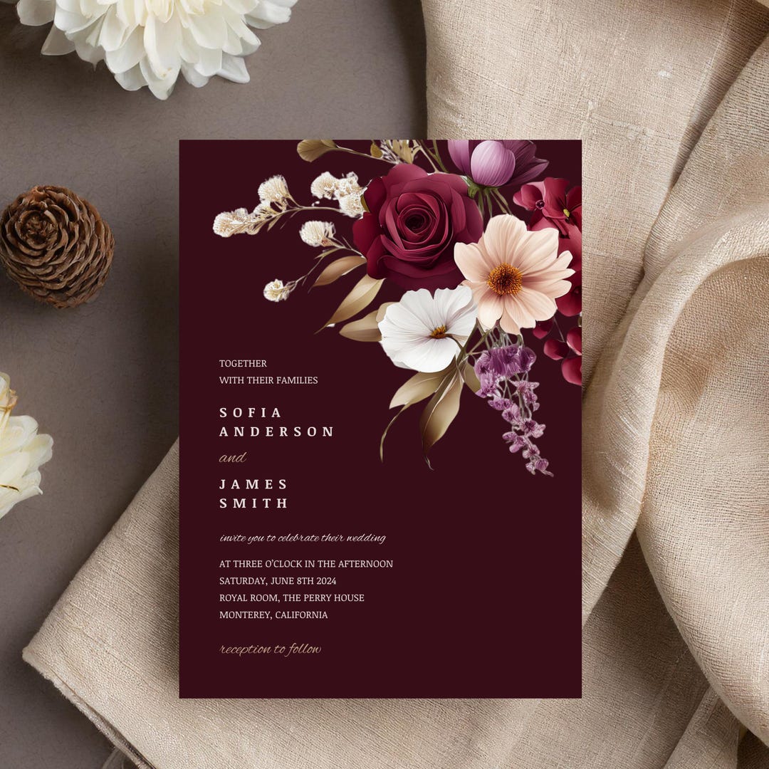 Maroon Floral Wedding Invitation, Canva Editable Template, Roses Cosmos ...