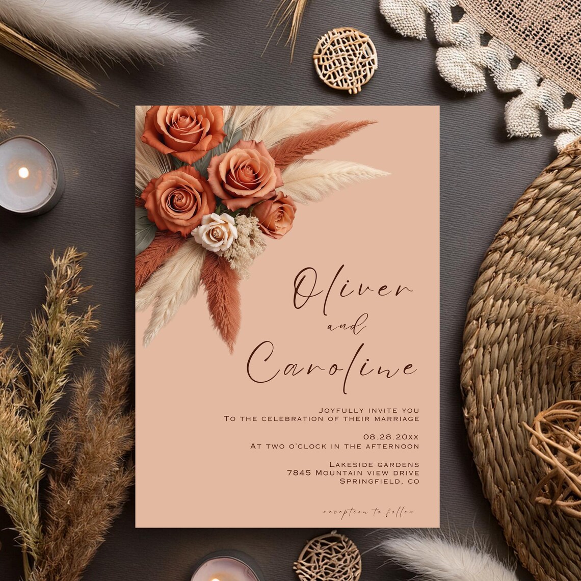 Rust Burnt Orange Floral Wedding Invitation, Canva Editable Template ...