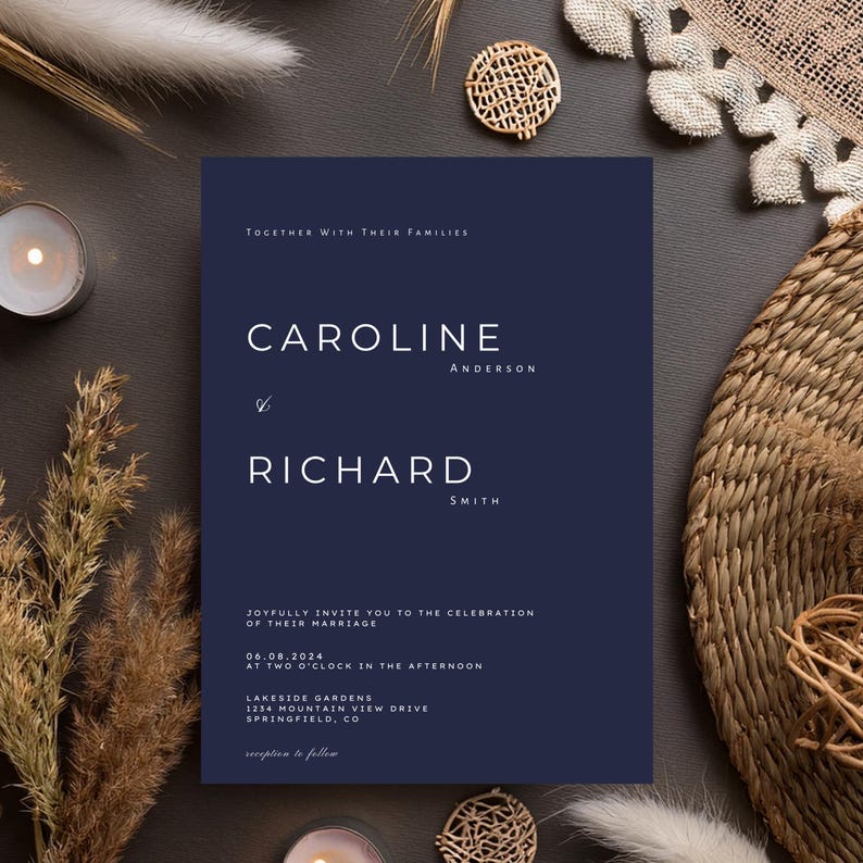 Navy Blue Wedding Invitation, Canva Editable Template, Minimalist ...