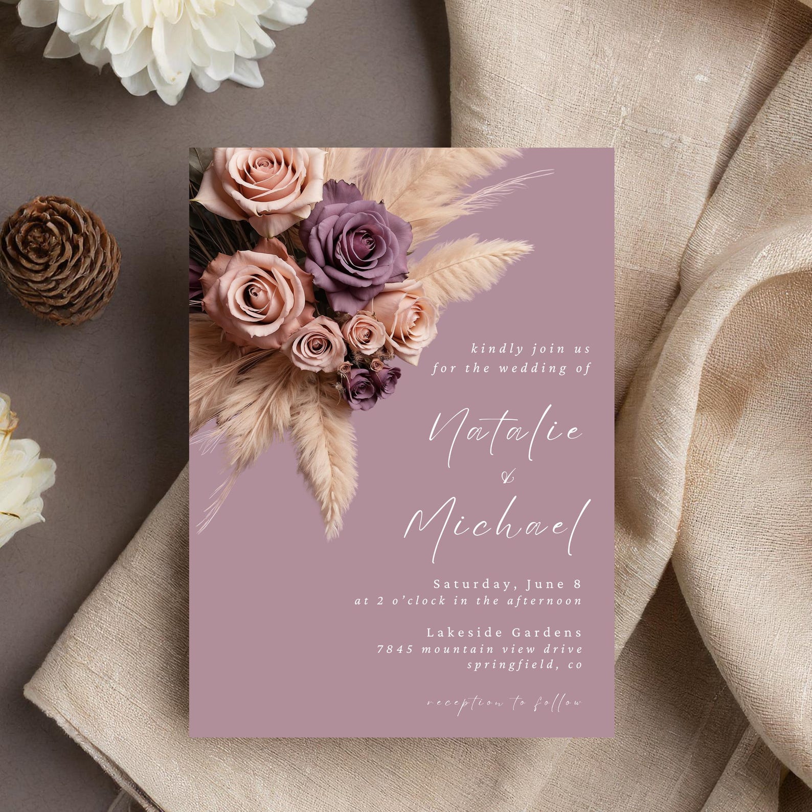 Mauve Purple Blush Pink Floral Wedding Invitation, Canva Editable ...