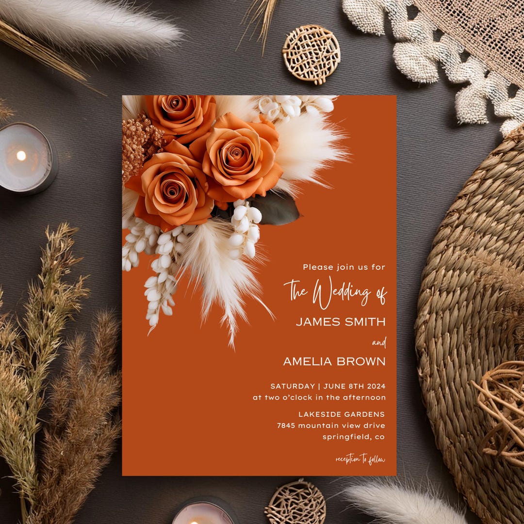 Burnt Orange Floral Wedding Invitation, Canva Editable Template, Rose ...