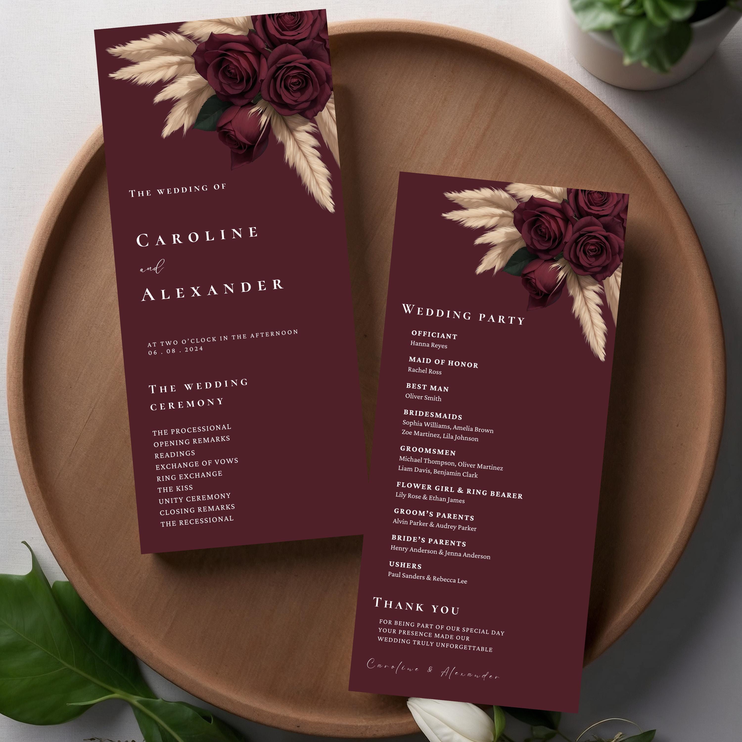 Burgundy Floral Wedding Programs Template, Ceremony Program Itinerary ...