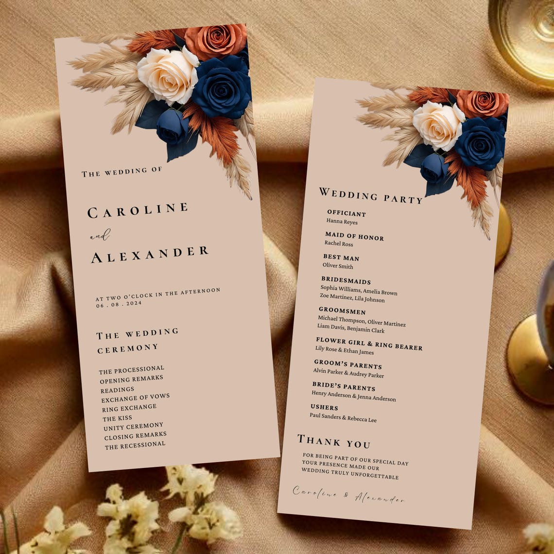 Navy Blue Burnt Orange Wedding Programs Template, Ceremony Program ...