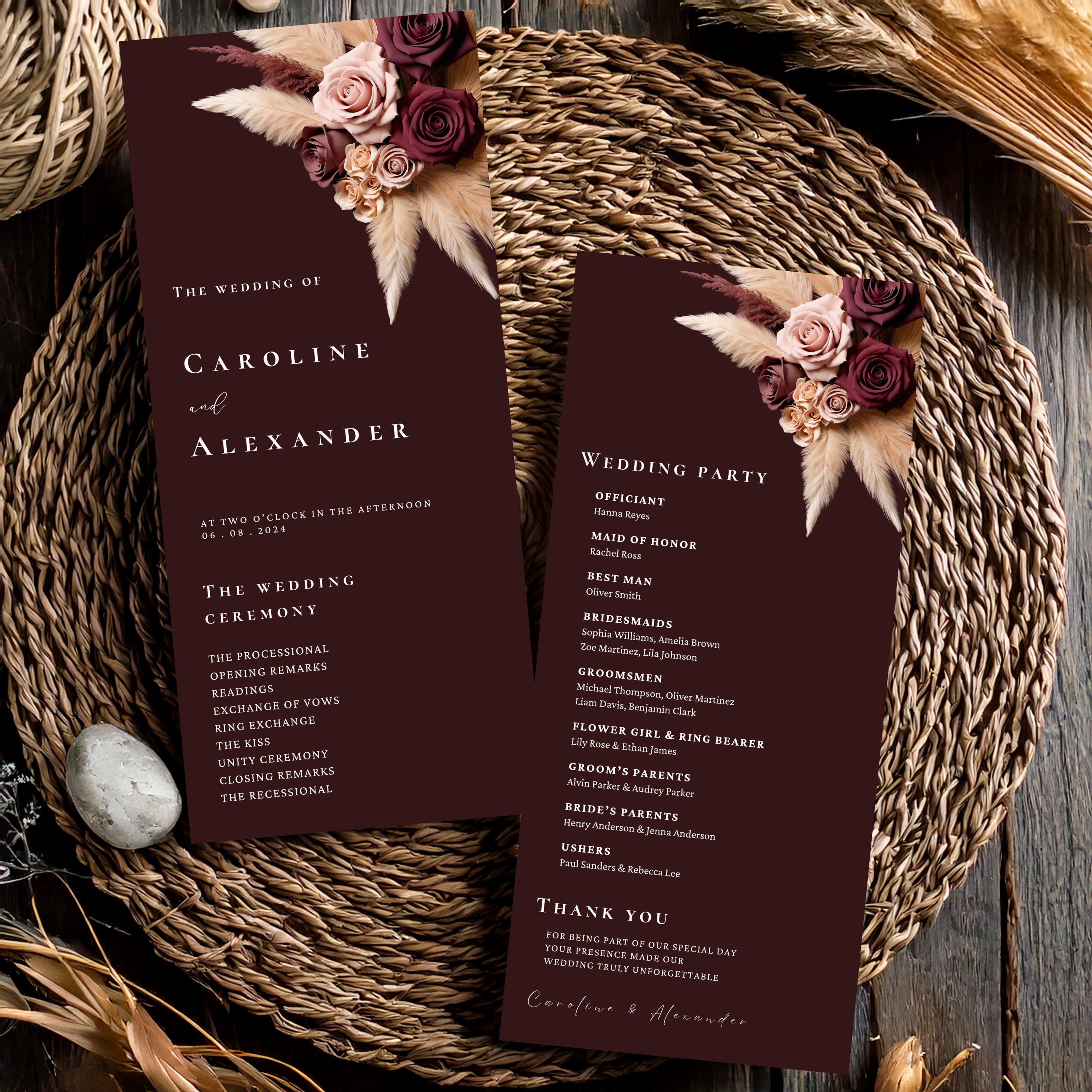 Burgundy, Rose Gold, Champagne Wedding Programs Template, Ceremony ...
