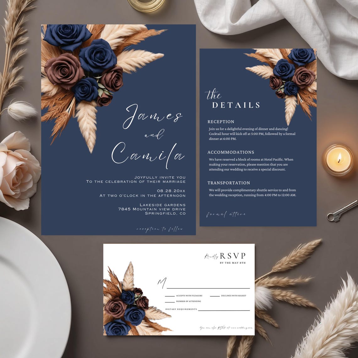 Navy Blue Chocolate Brown Floral Wedding Invitation, Canva Template ...
