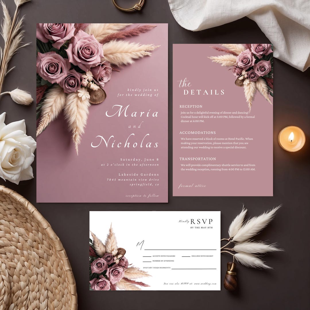 Mauve Floral Wedding Invitation, Canva Editable Template, Instant ...