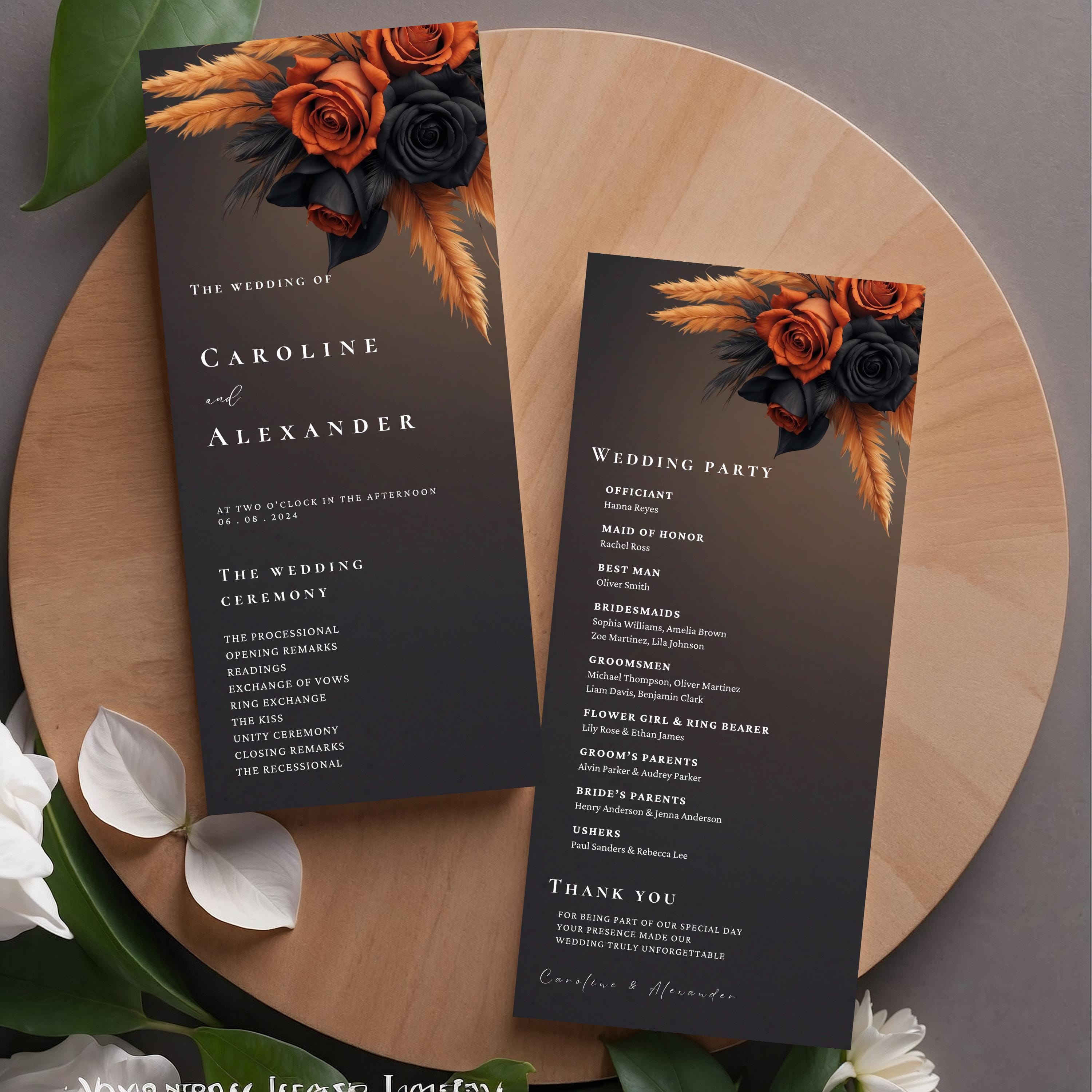 Black Burnt Orange Floral Wedding Programs Template, Ceremony Program ...