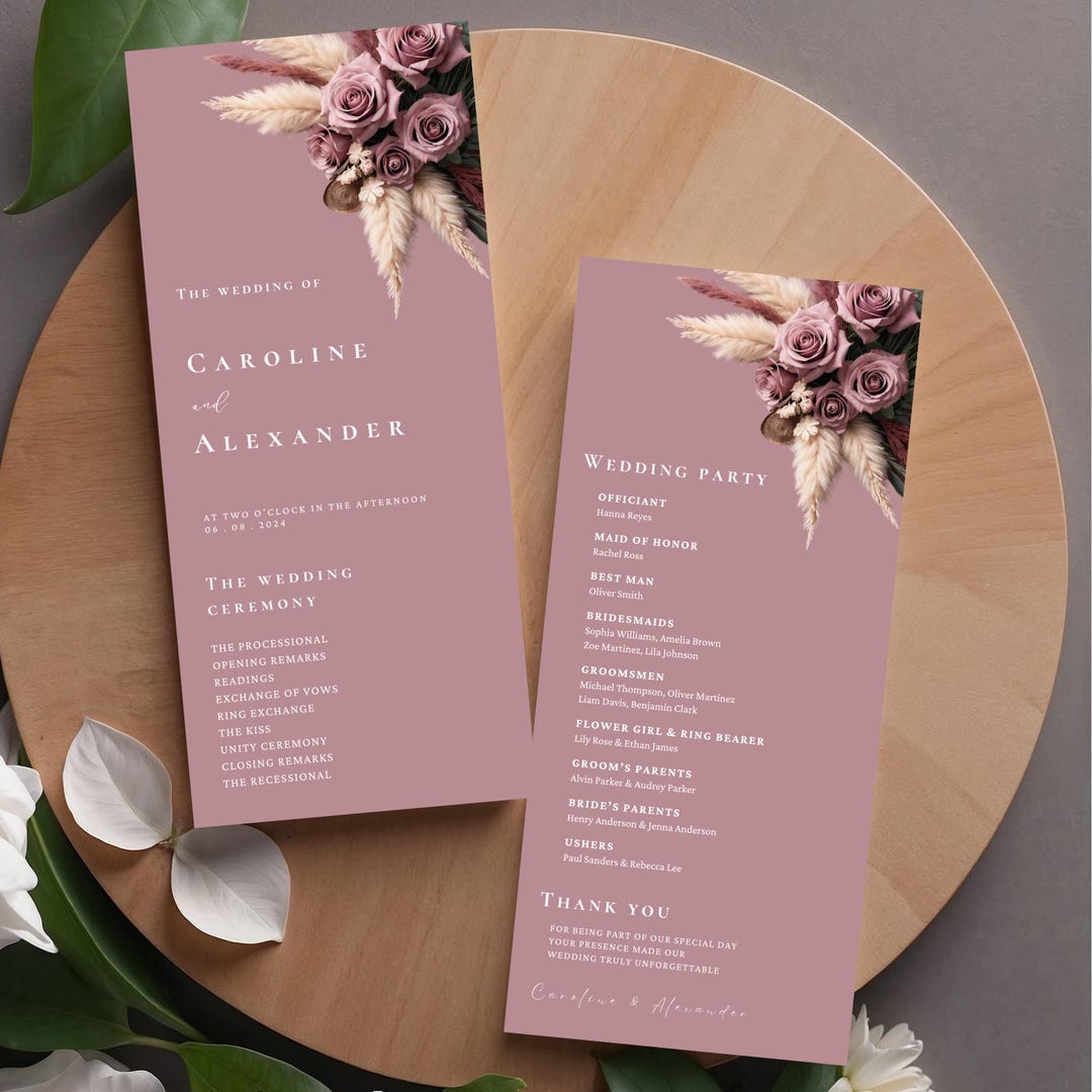 Mauve Floral Wedding Programs Template, Ceremony Program, Elegant Rose Floral Itinerary, Canva ...