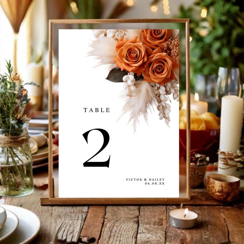 Burnt Orange Floral Wedding Table Number Signs, Canva Editable Template ...