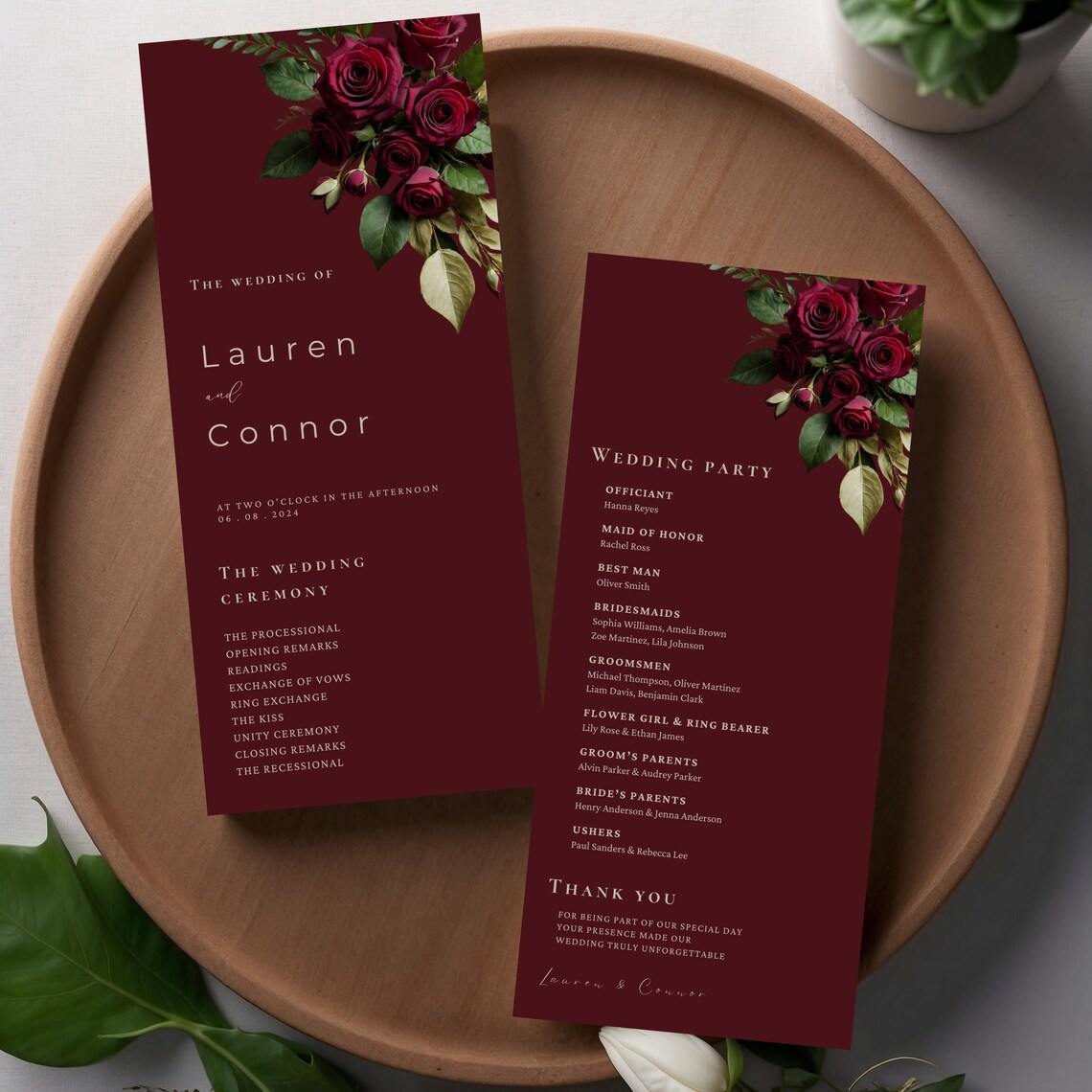 Burgundy Wedding Programs Template, Ceremony Program, Red Elegant Rose ...