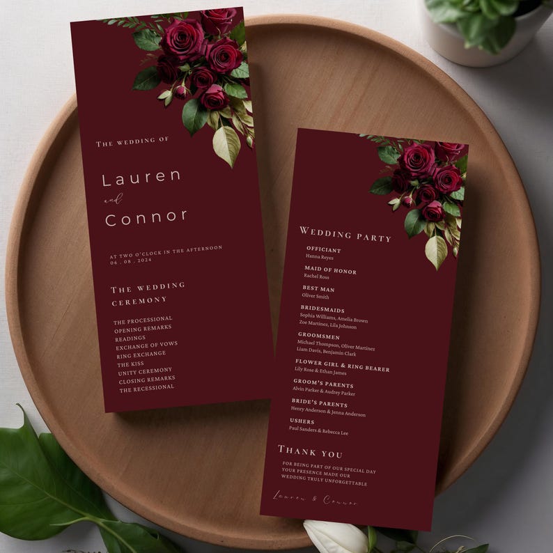 Burgundy Wedding Programs Template, Ceremony Program, Red Elegant Rose ...