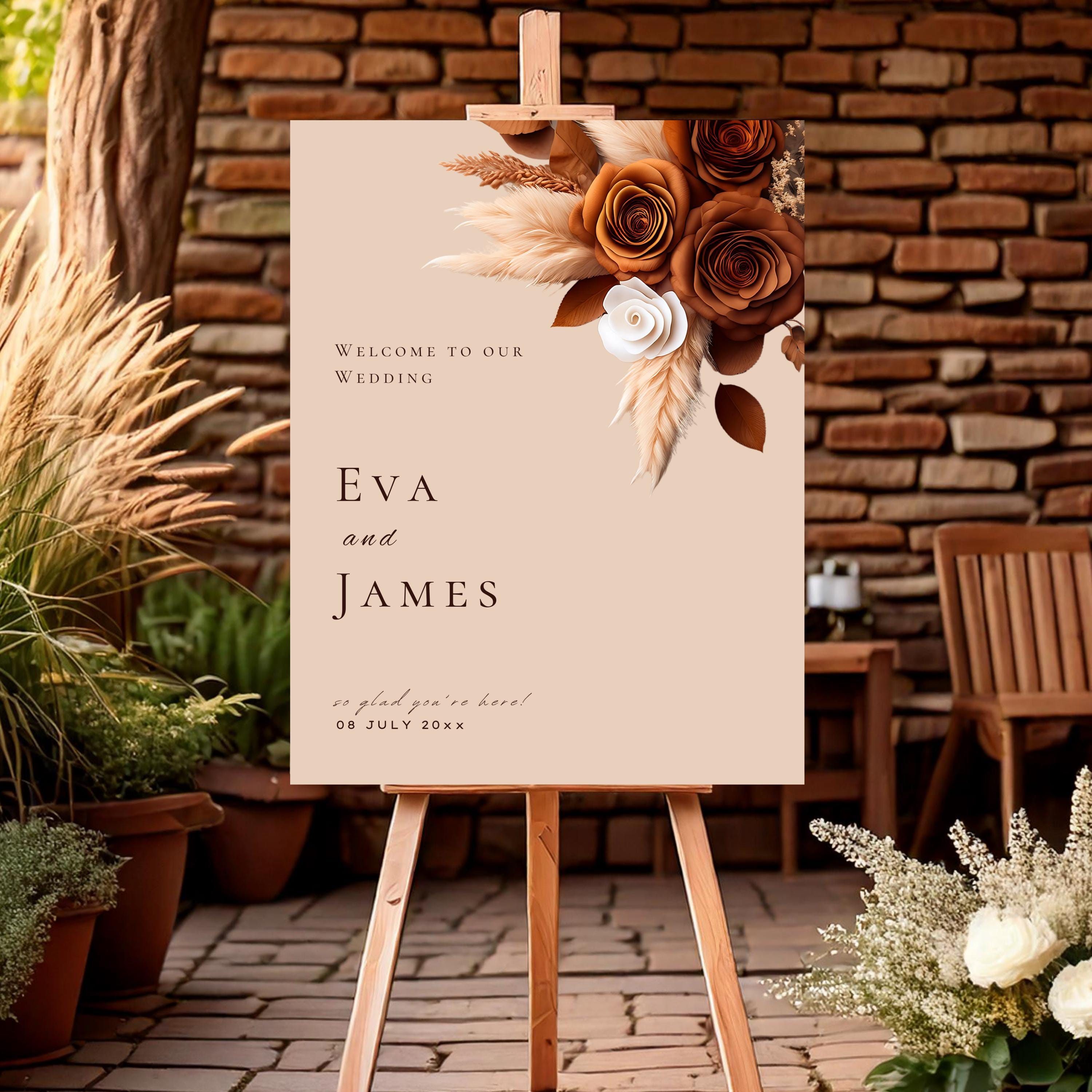 Rust Brown Floral Wedding Welcome Sign Board, Editable Sign Template ...