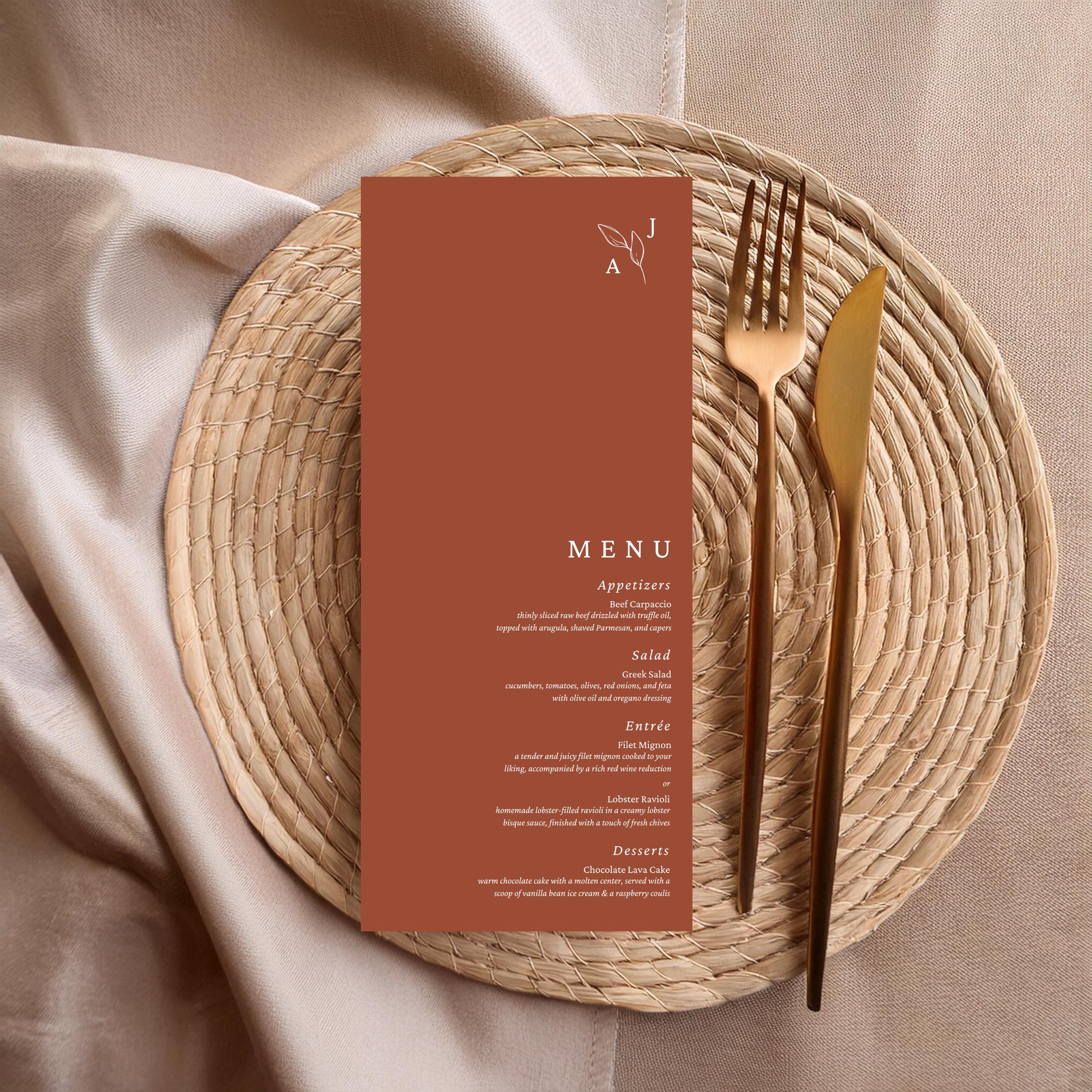 Burnt Orange Wedding Menu Template: Modern Minimalist Leaf Design ...