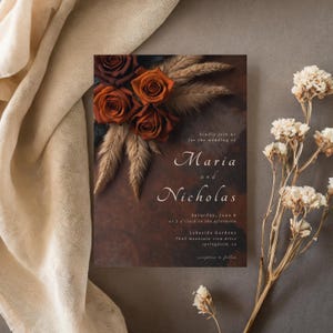 Rust Brown Orange Floral Wedding Invitation, Canva Editable Template ...