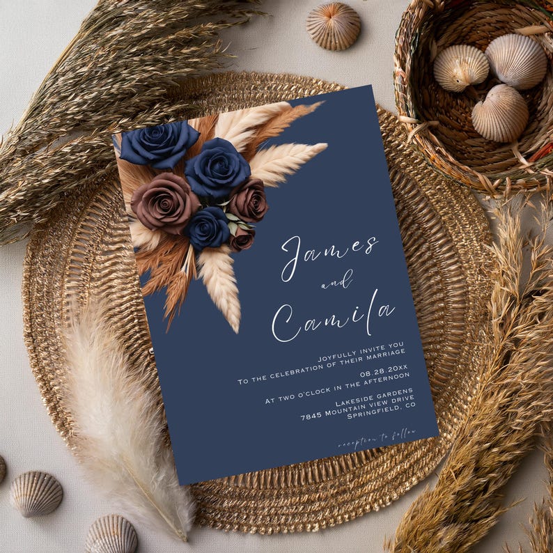 Navy Blue Chocolate Brown Floral Wedding Invitation, Canva Template ...