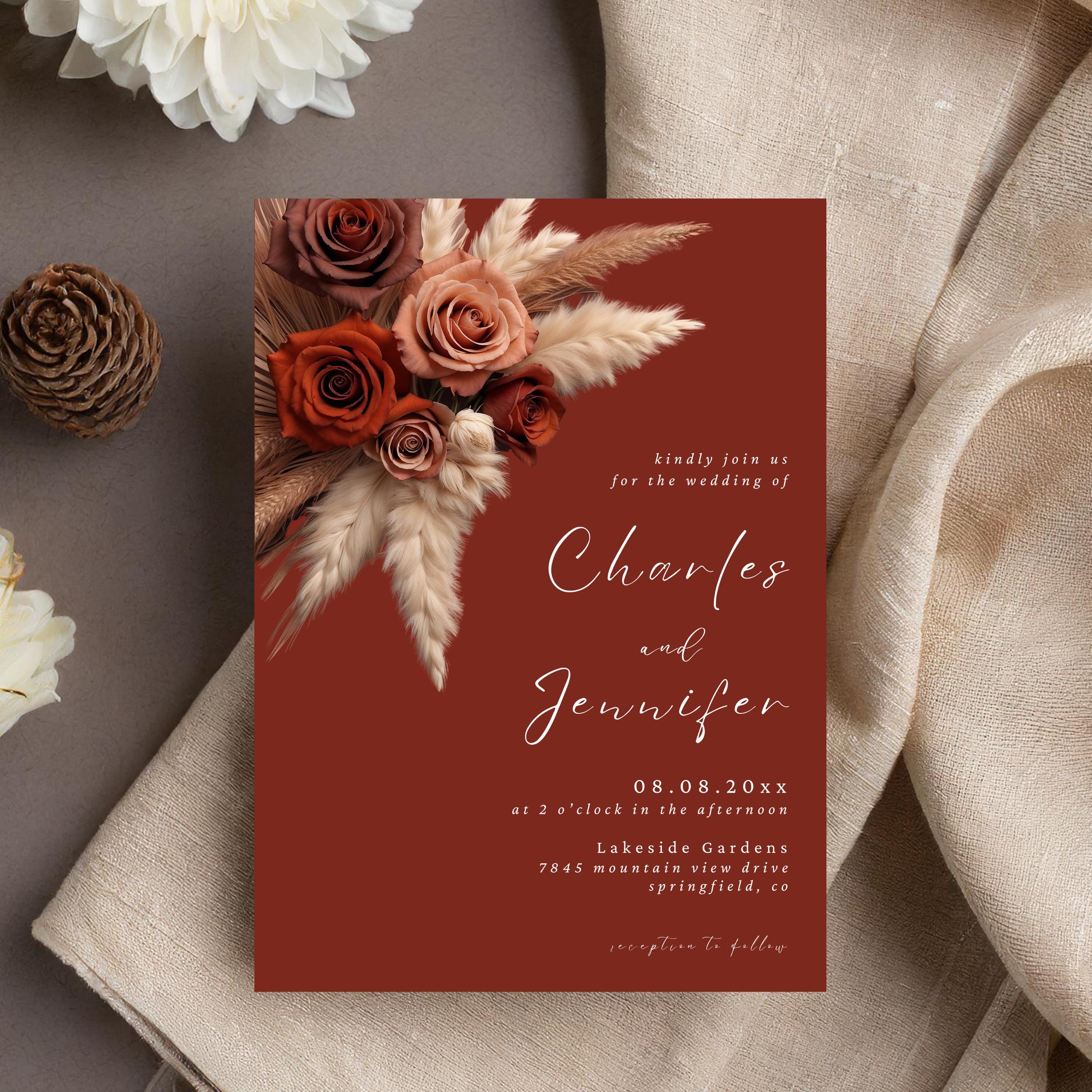 Rust Orange Floral Wedding Invitation, Canva Editable Template, Instant ...