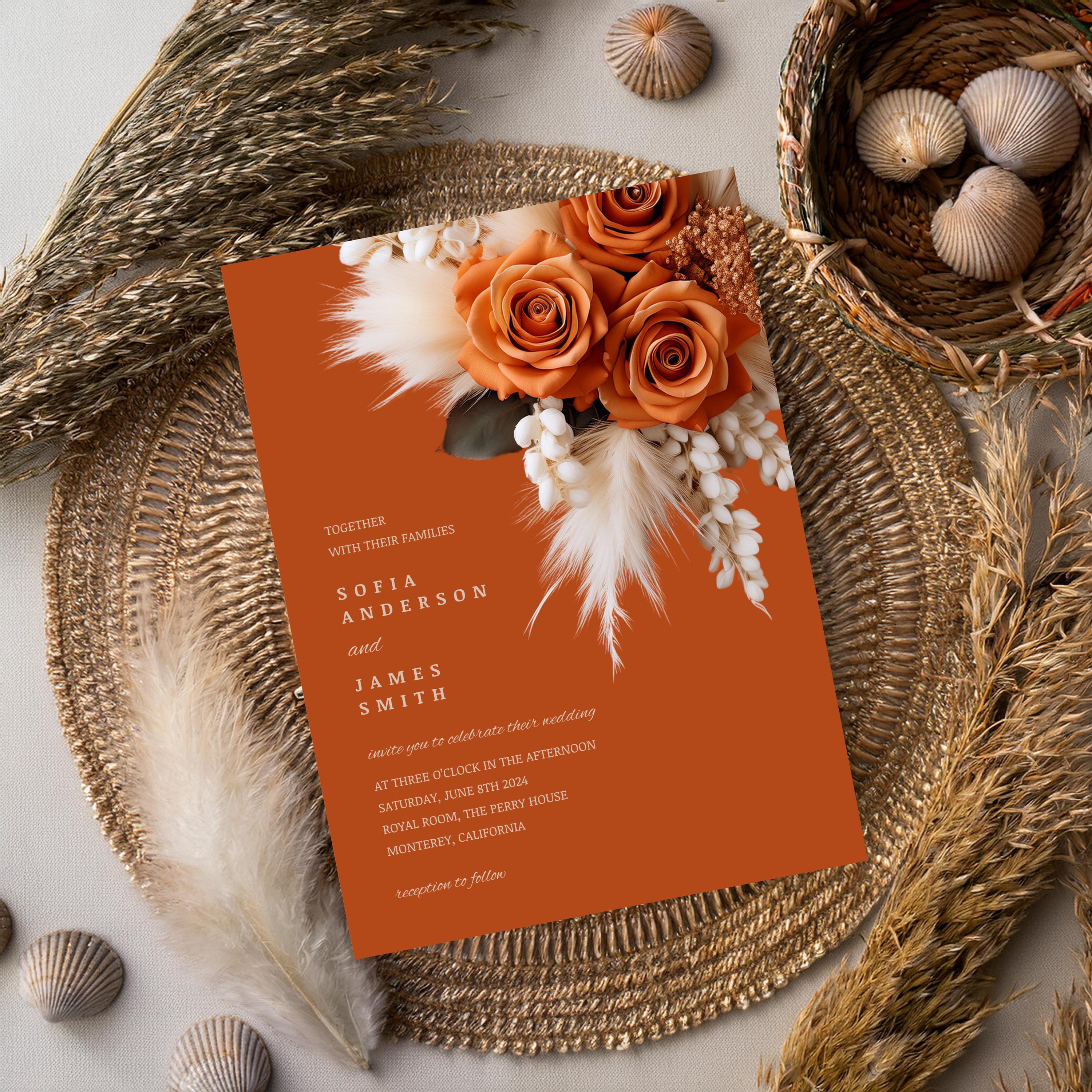 Burnt Orange Floral Wedding Invitation, Canva Editable Template, Rose ...