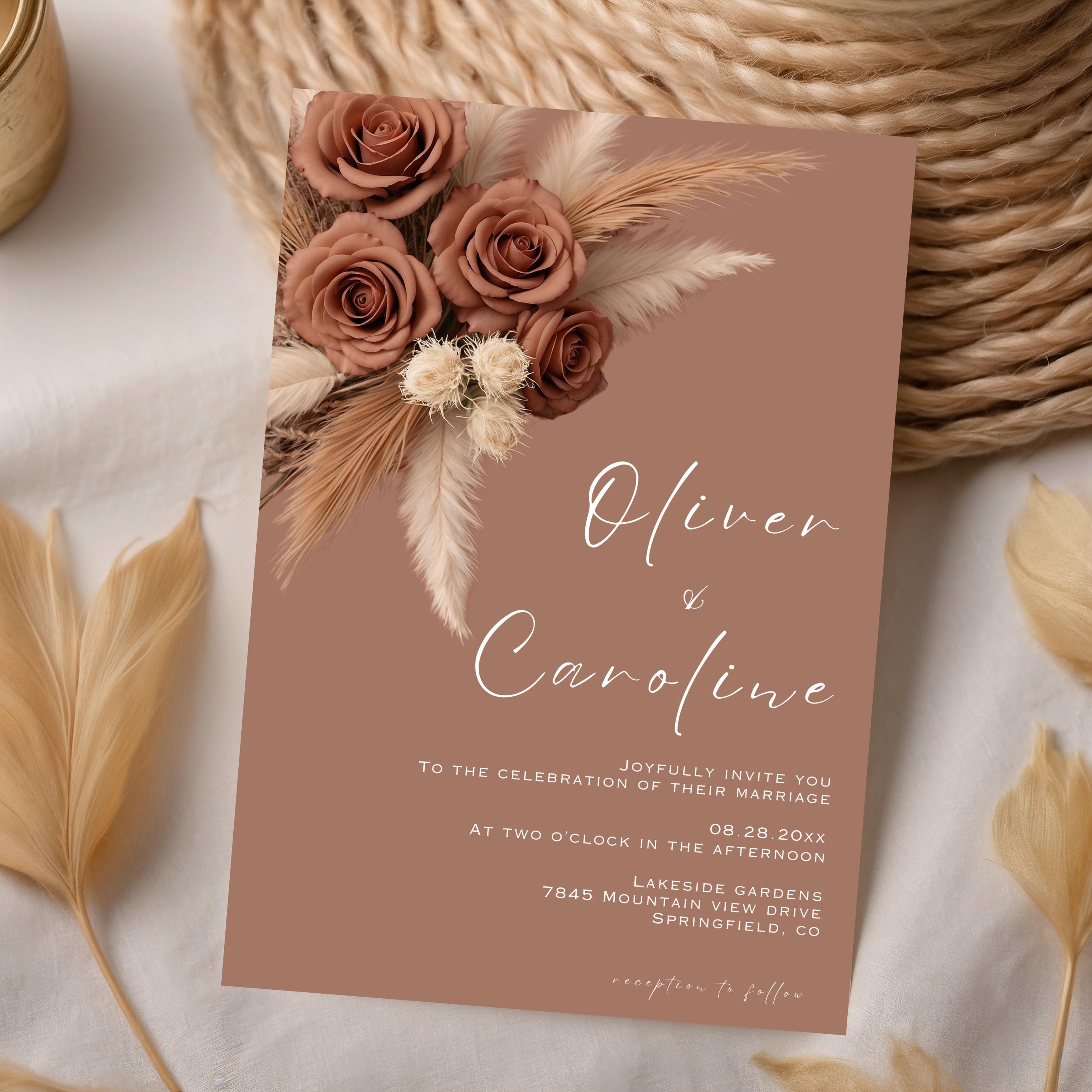Mocha Mousse Pantone Floral Wedding Invitation, Canva Editable Template ...