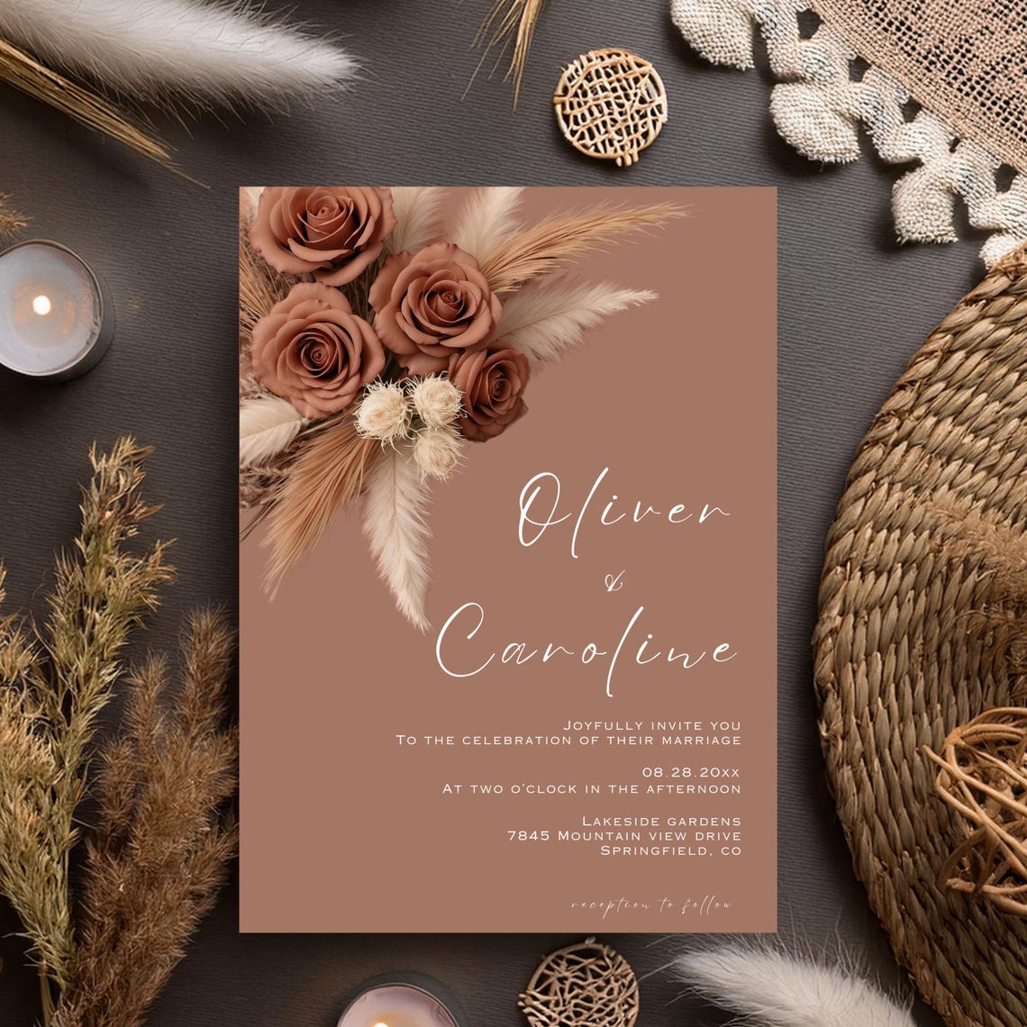 Mocha Mousse Pantone Floral Wedding Invitation, Canva Editable Template ...