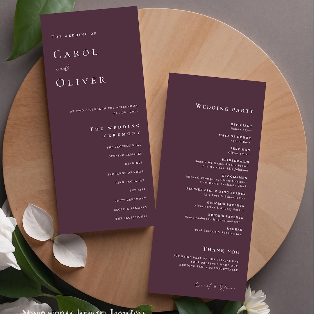 Dark Purple Wedding Programs Template, Ceremony Program Itinerary ...