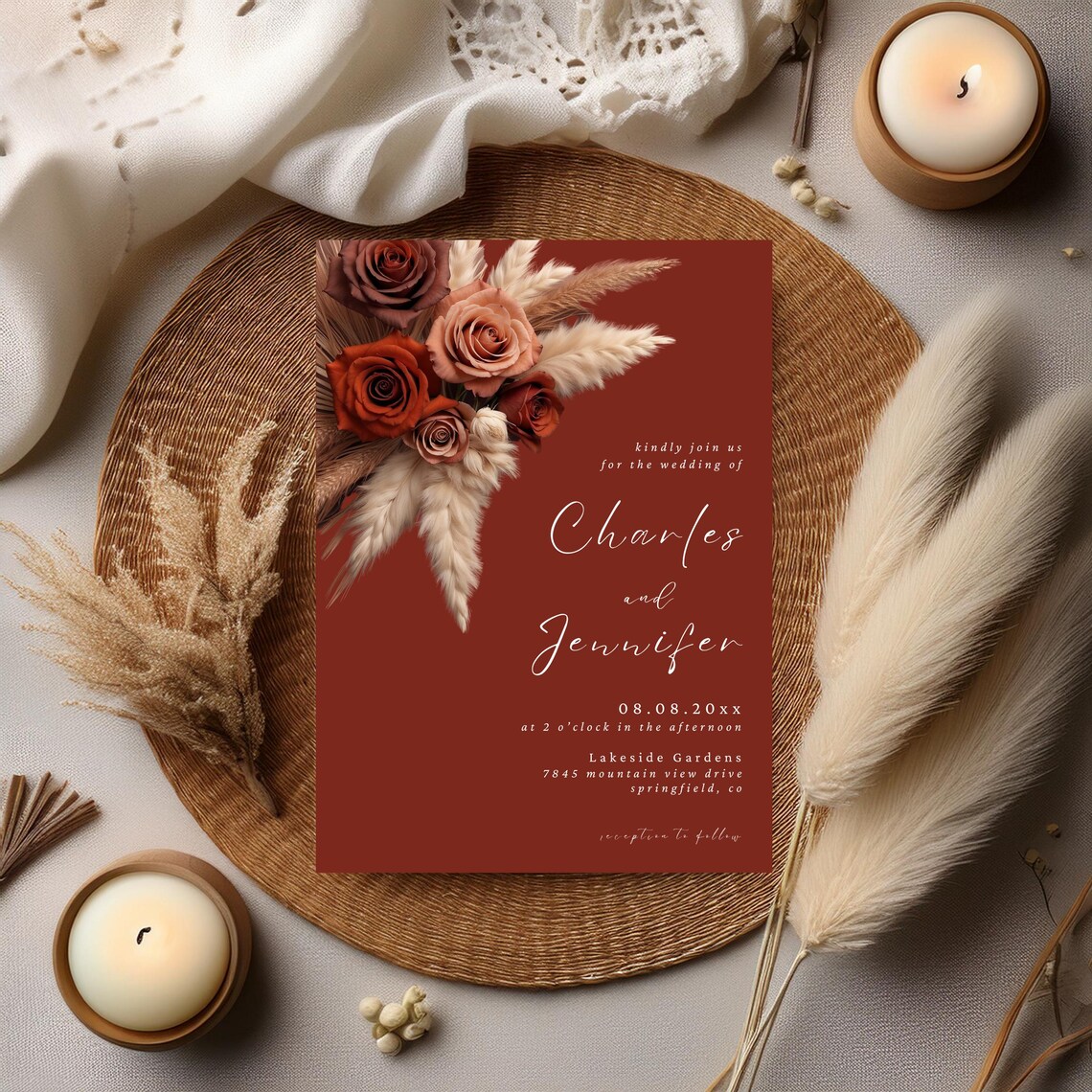 Rust Orange Floral Wedding Invitation, Canva Editable Template, Instant ...