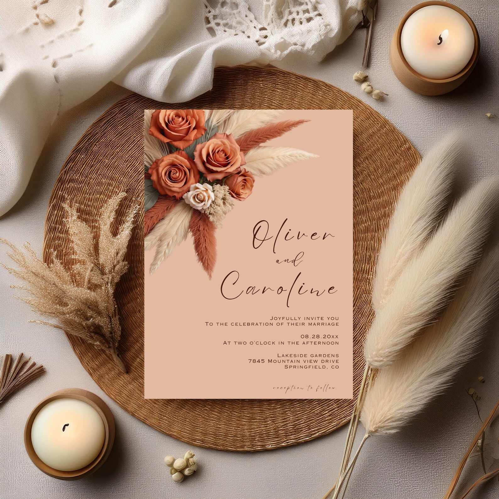 Rust Burnt Orange Floral Wedding Invitation, Canva Editable Template ...
