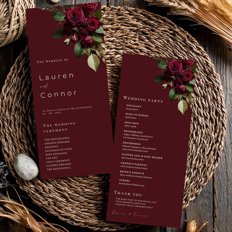Burgundy Wedding Programs Template, Ceremony Program, Red Elegant Rose ...
