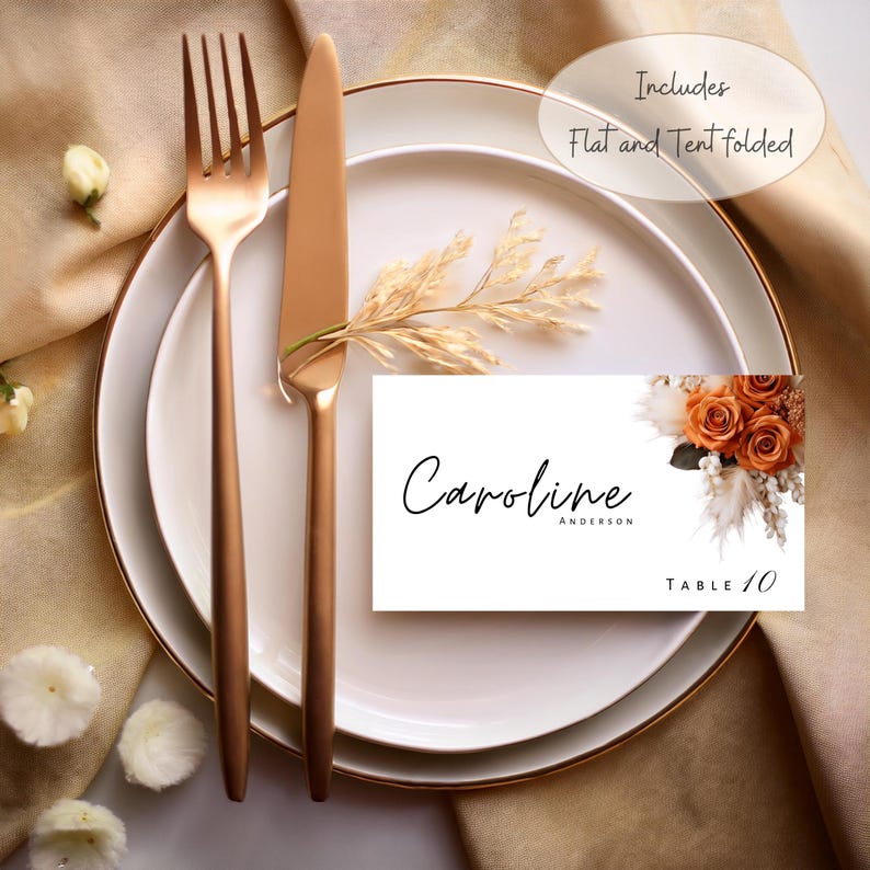 Burnt Orange Floral Place Cards Wedding Template, Instant Download ...