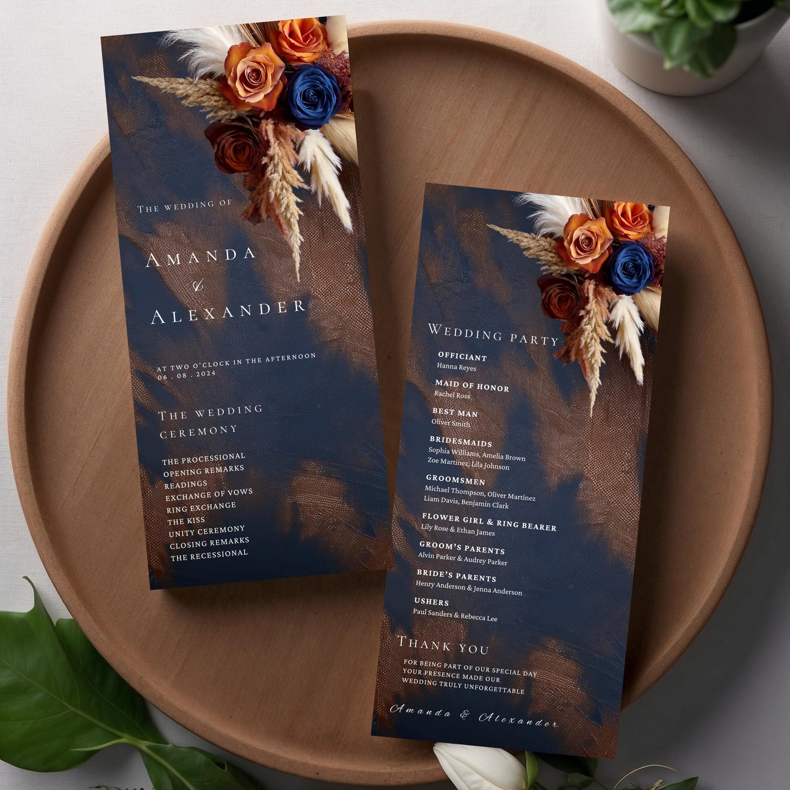 Navy Blue, Burnt Orange, Brown Roses Floral Wedding Programs Template ...