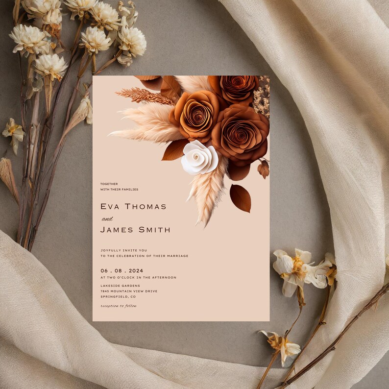 Rust Brown Rose Floral Wedding Invitation, Canva Editable Template ...