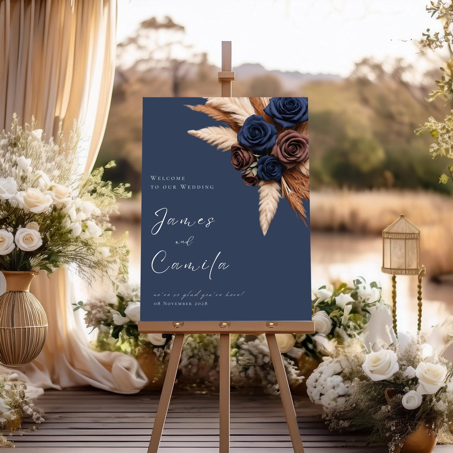 Navy Blue Brown Floral Wedding Welcome Sign Template, Instant Download ...