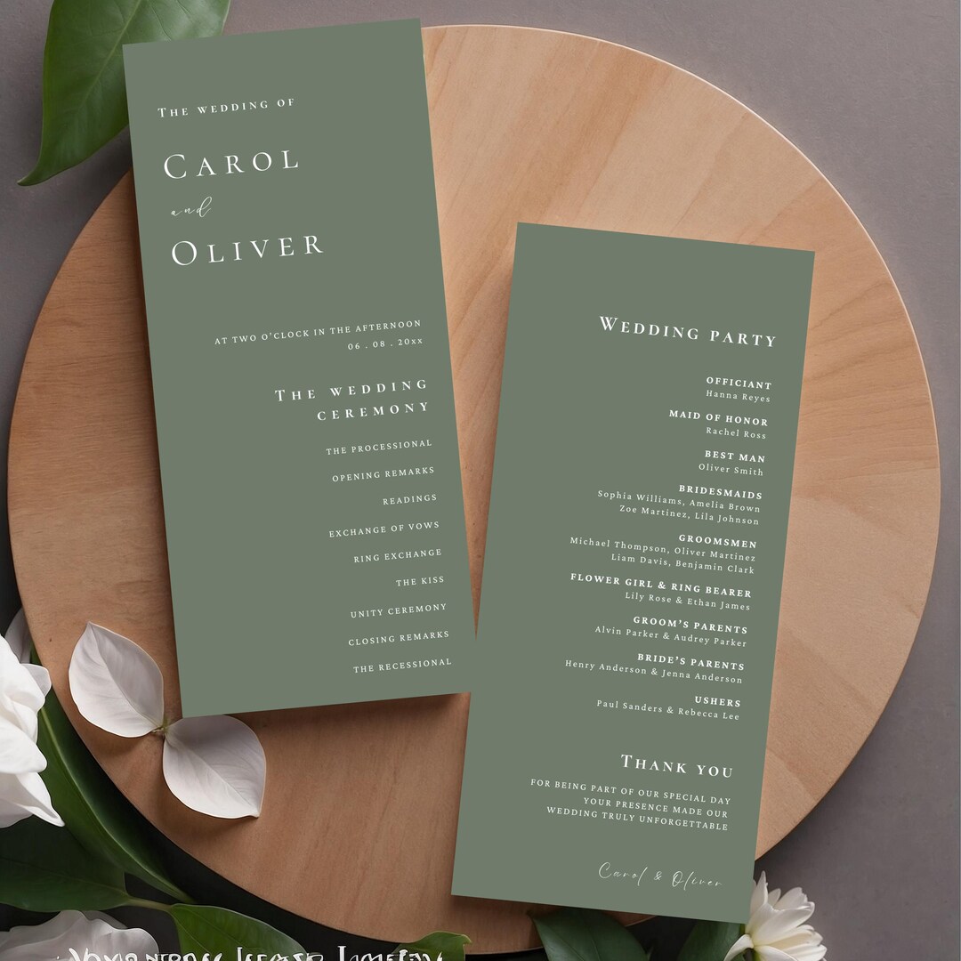 Sage Green Wedding Programs Template, Ceremony Program Itinerary ...