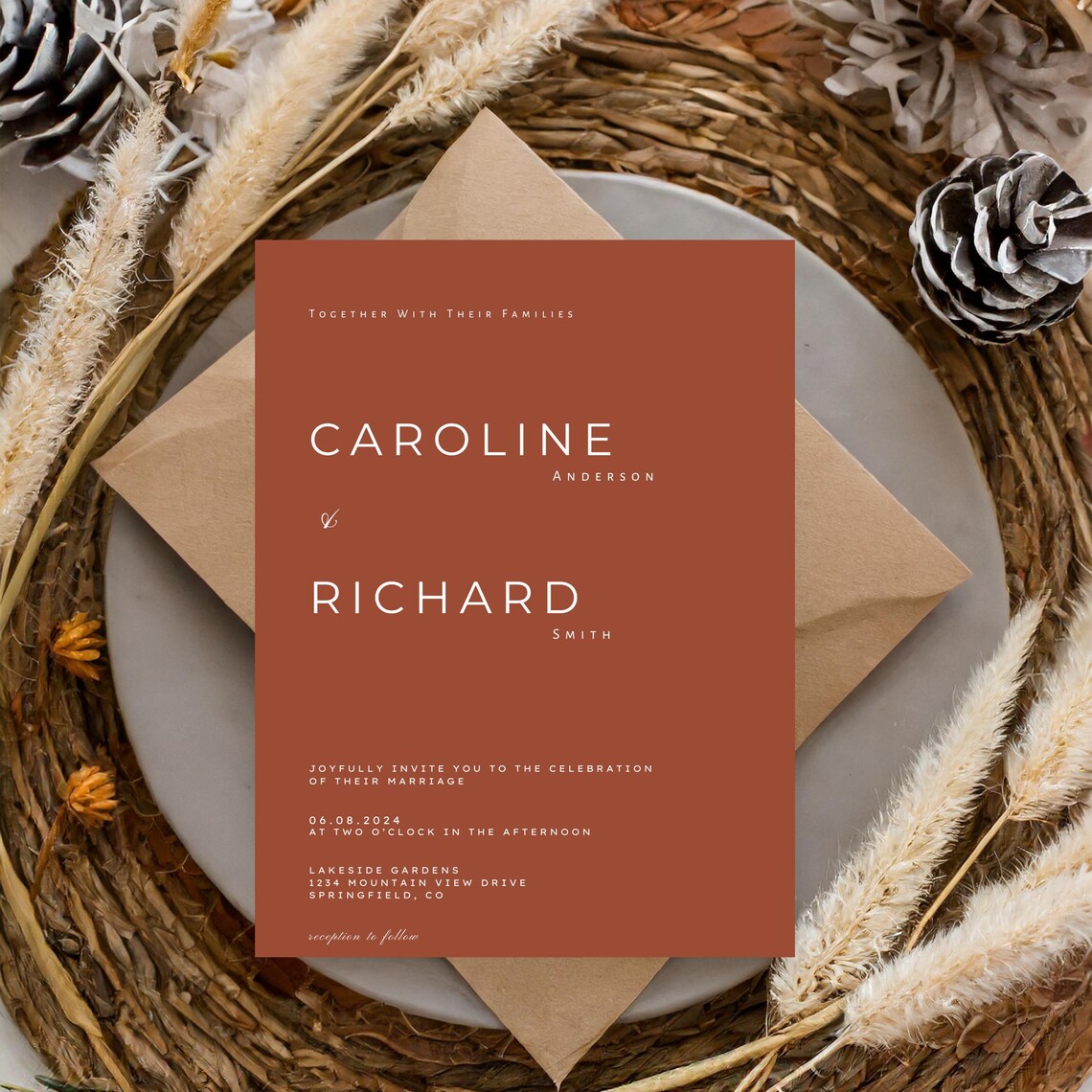 Burnt Orange Wedding Invitation, Canva Editable Template, Instant ...