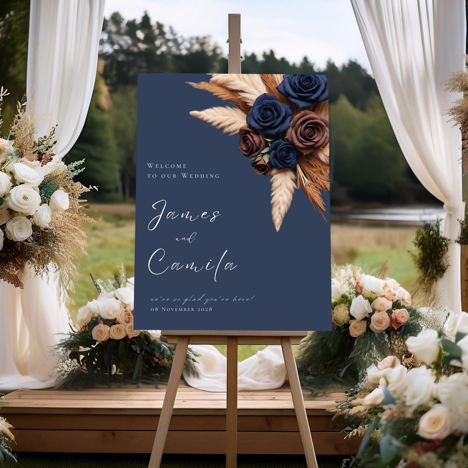 Navy Blue Brown Floral Wedding Welcome Sign Template, Instant Download ...