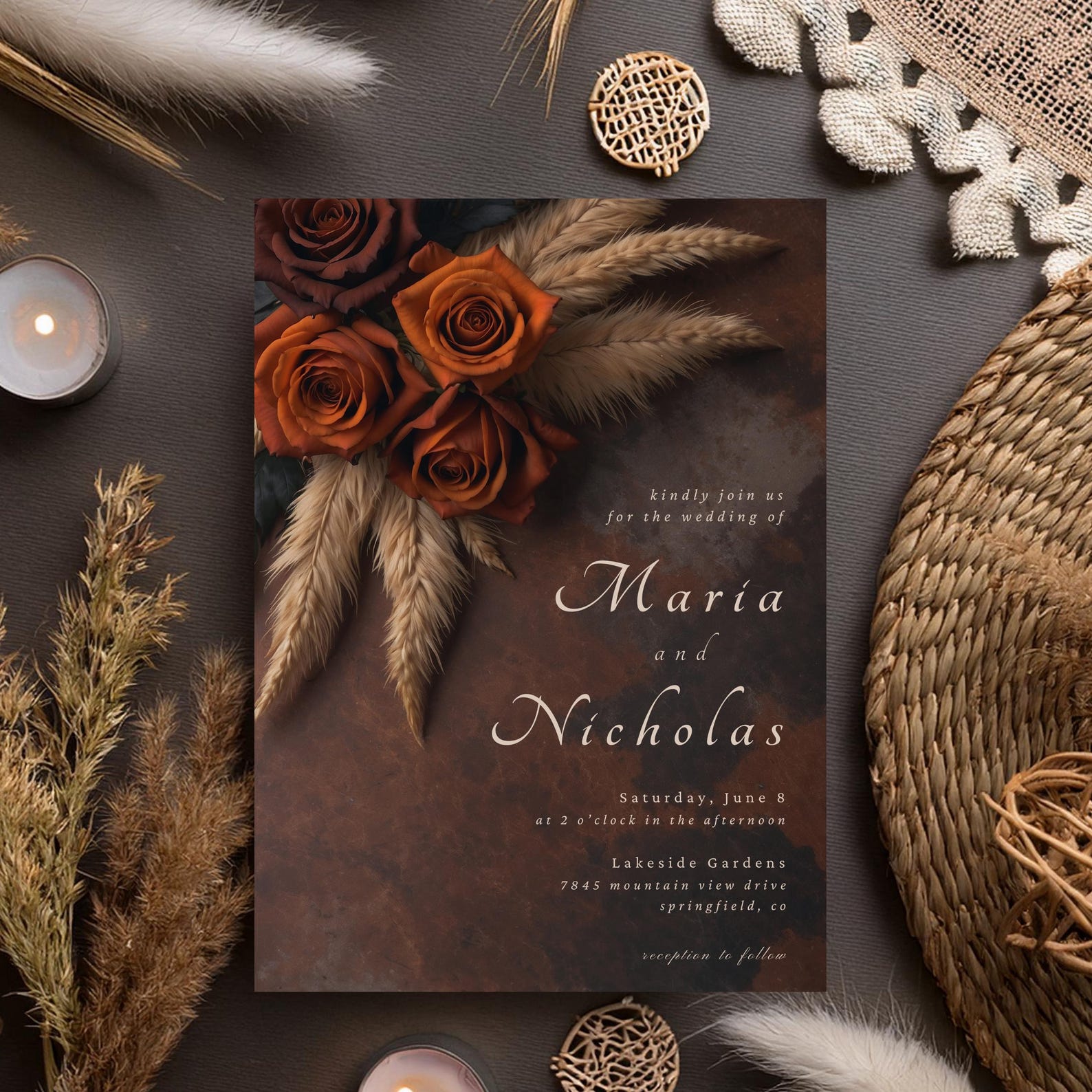 Rust Brown Orange Floral Wedding Invitation, Canva Editable Template ...